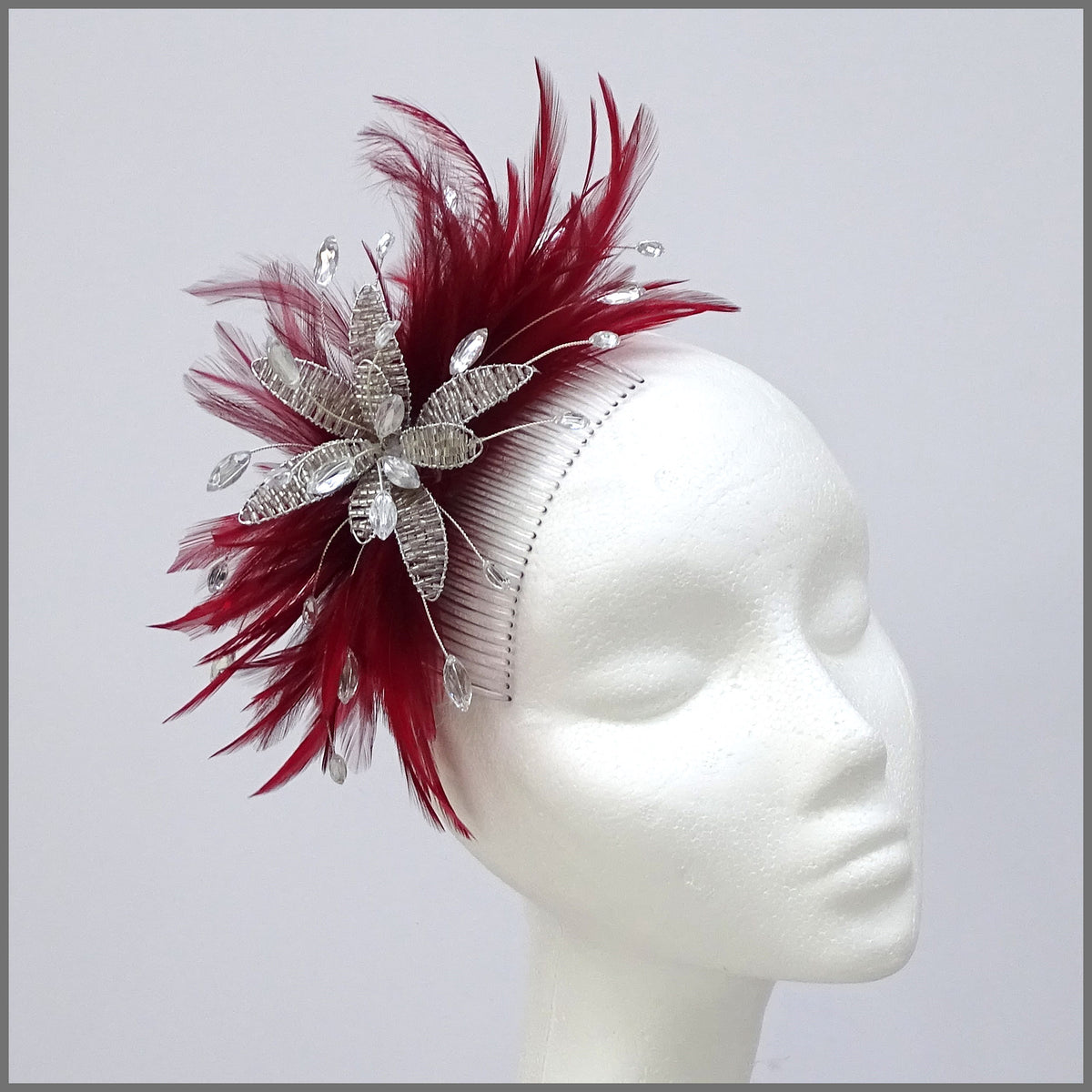 Deep Red Feather & Flower Fascinator Headpiece | Jacqui Vale Designs