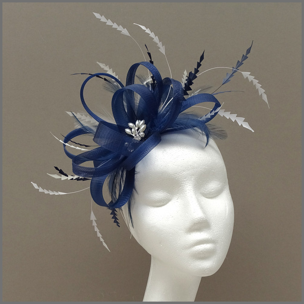 Navy Fascinator Wedding Silver & Navy Feather Hatinator For Ladies Day